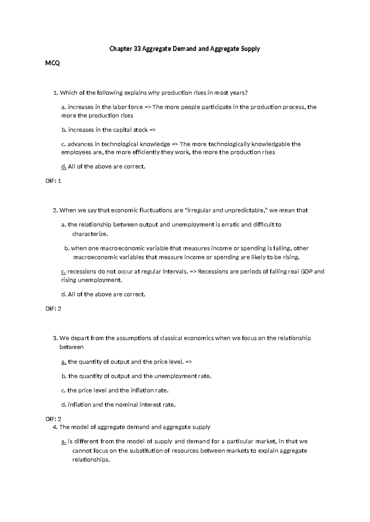 QUIZ 10 Chapter 33 Aggregate Demand and Aggregate Supply - Chapter 33 ...