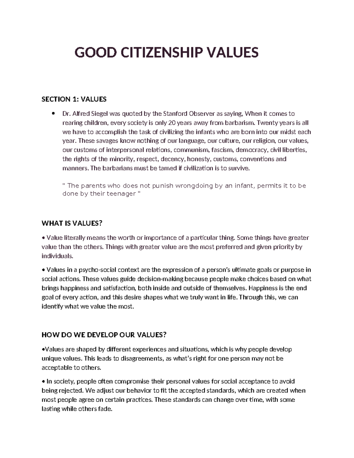GOOD Citizenship Values- Module - GOOD CITIZENSHIP VALUES SECTION 1 ...