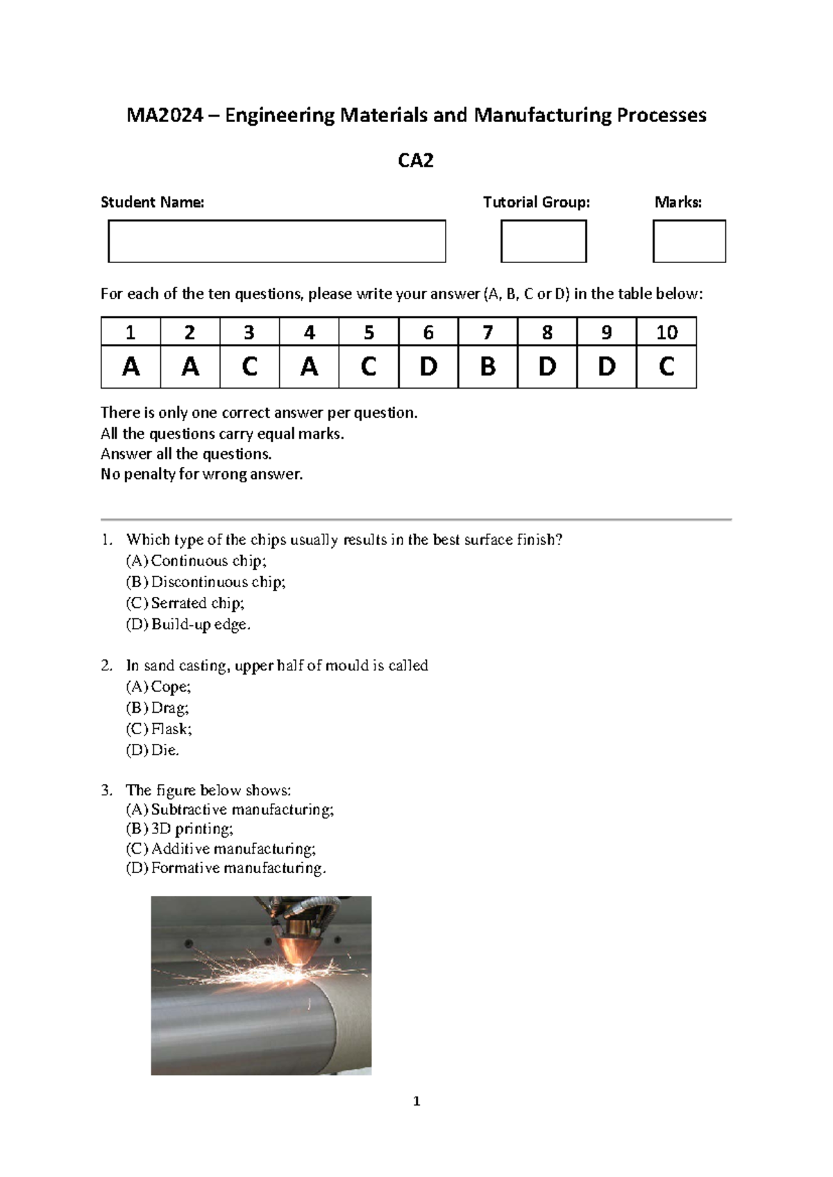 CA2 practice paper - MA2024 – Engineering Materials and Manufacturing ...