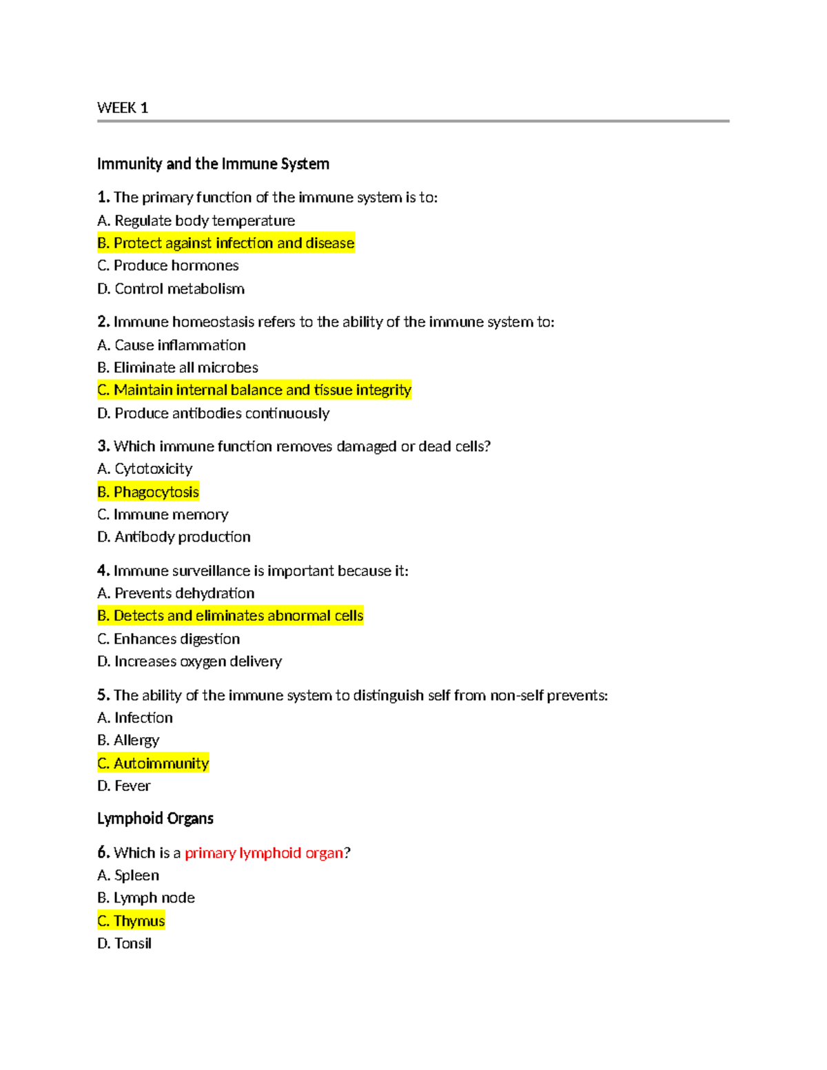 Immunosero Practice Questions: WEEK 1 - Immunity & Immune System - Studocu