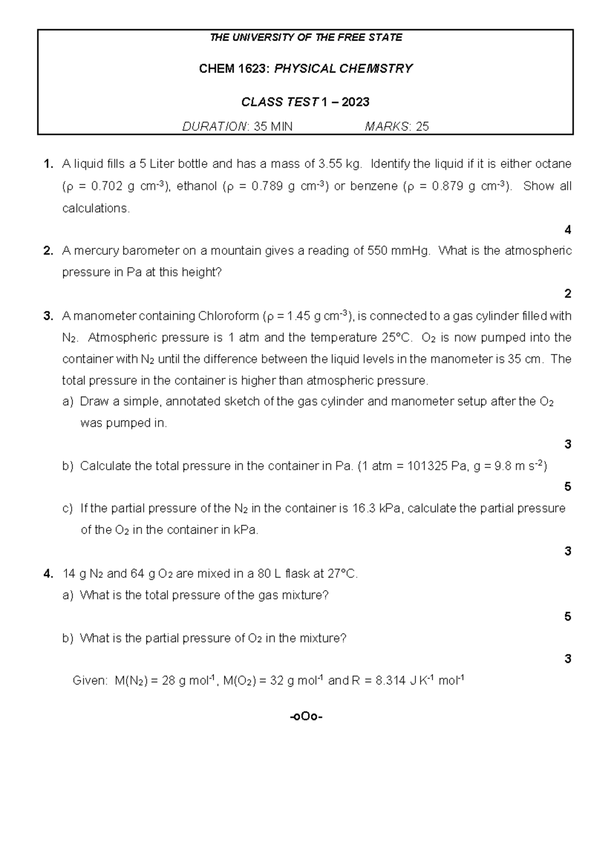 CHEM1623-Physical Chemistry Class Test 1 Memorandum - 2023 - Studocu