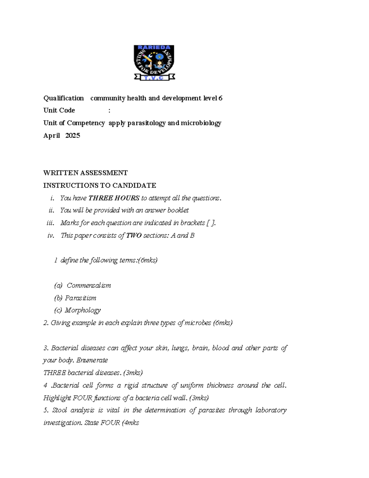 Parasitology & Microbiology Level 6 Assessment - Unit Code: Competency ...