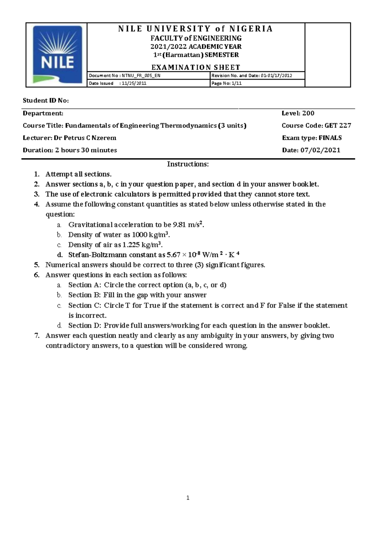 GET 227 Final Exam: Engineering Thermodynamics 2021-2022 - Studocu