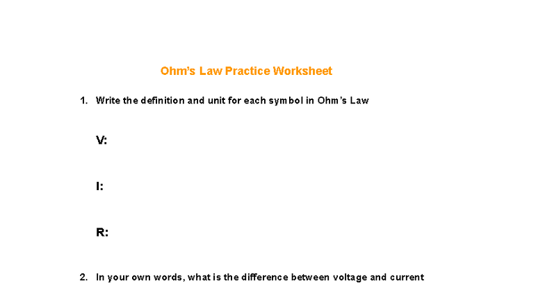Ohm's Law Worksheet - 12030461: Definitions & Calculations - Studocu