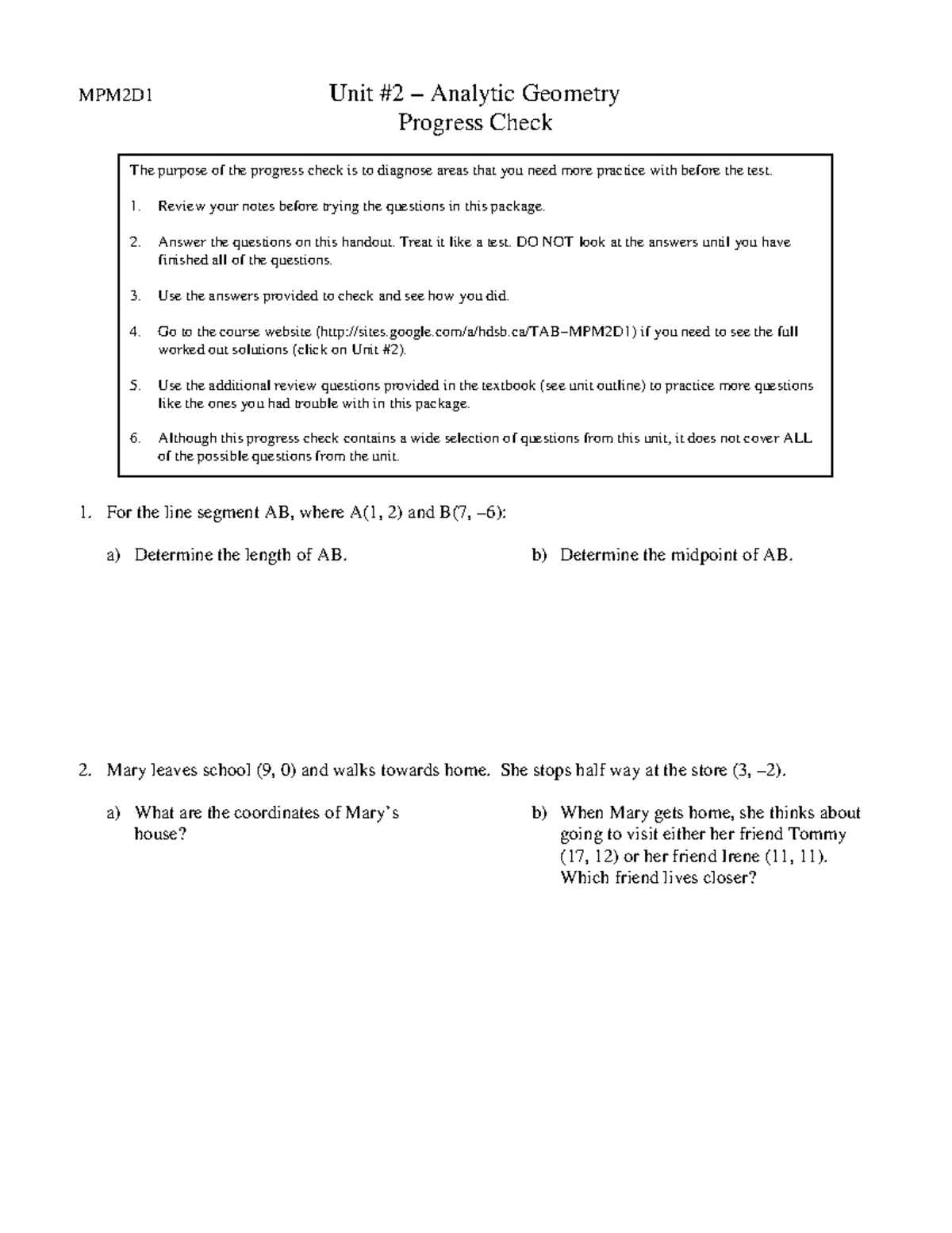 MPM2D1 Unit Analytic Geometry Progress Check Review Notes - Studocu