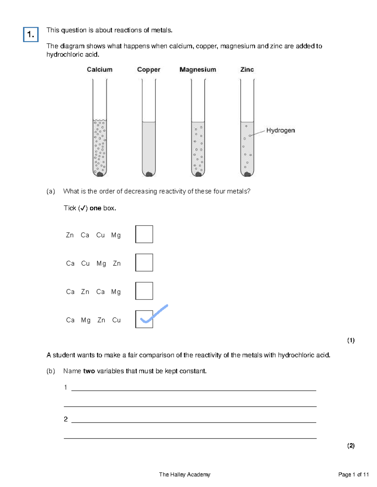 Metal Reactions with Hydrochloric Acid: EQs - Chemistry - Studocu