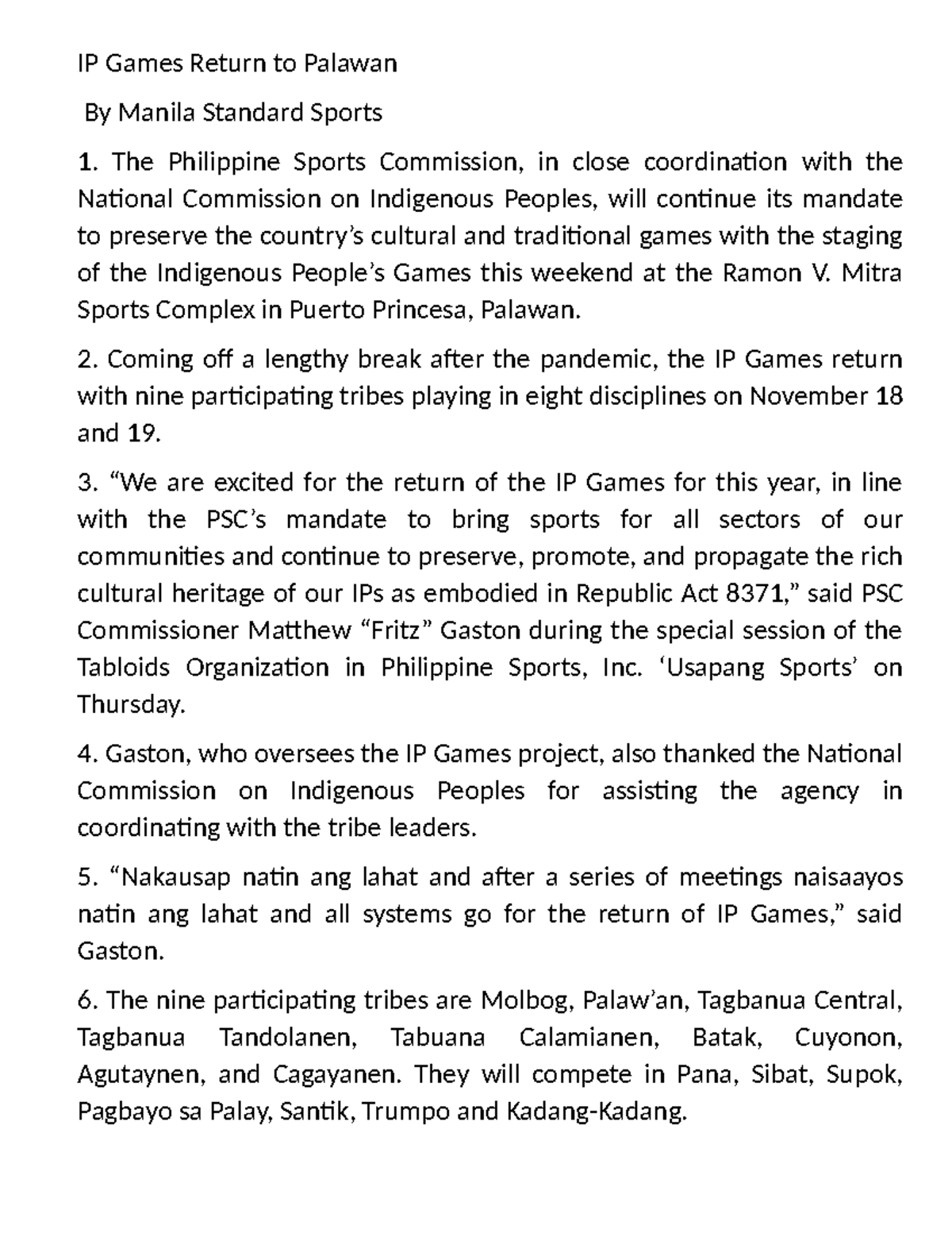 IP Games 2023: Reviving Indigenous Sports in Palawan - Studocu