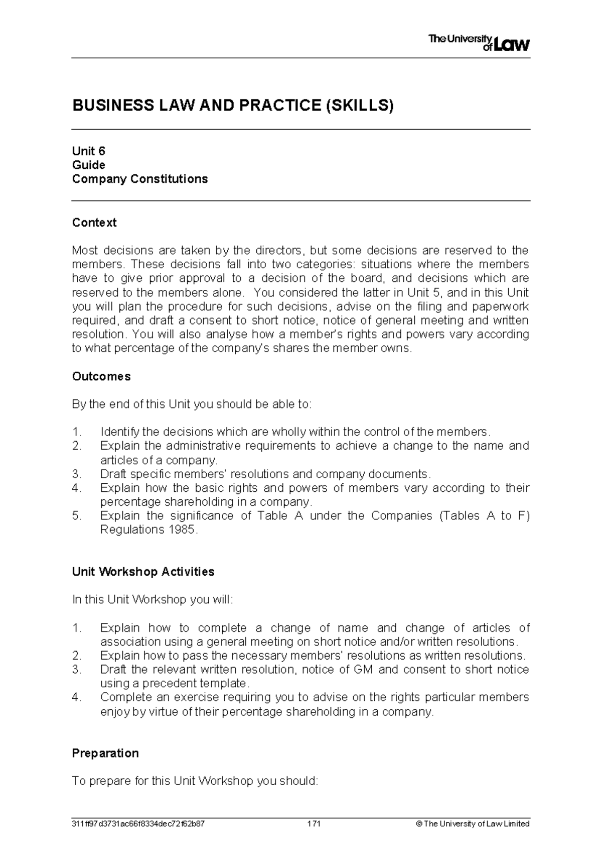 Business Law & Practice WS6: Company Constitutions Overview - Studocu