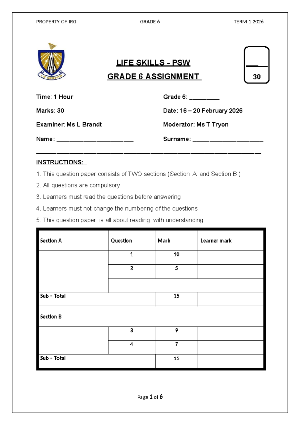 Grade 6 PSW Term 1 2026 Controlled Test: Life Skills Assignment - Studocu