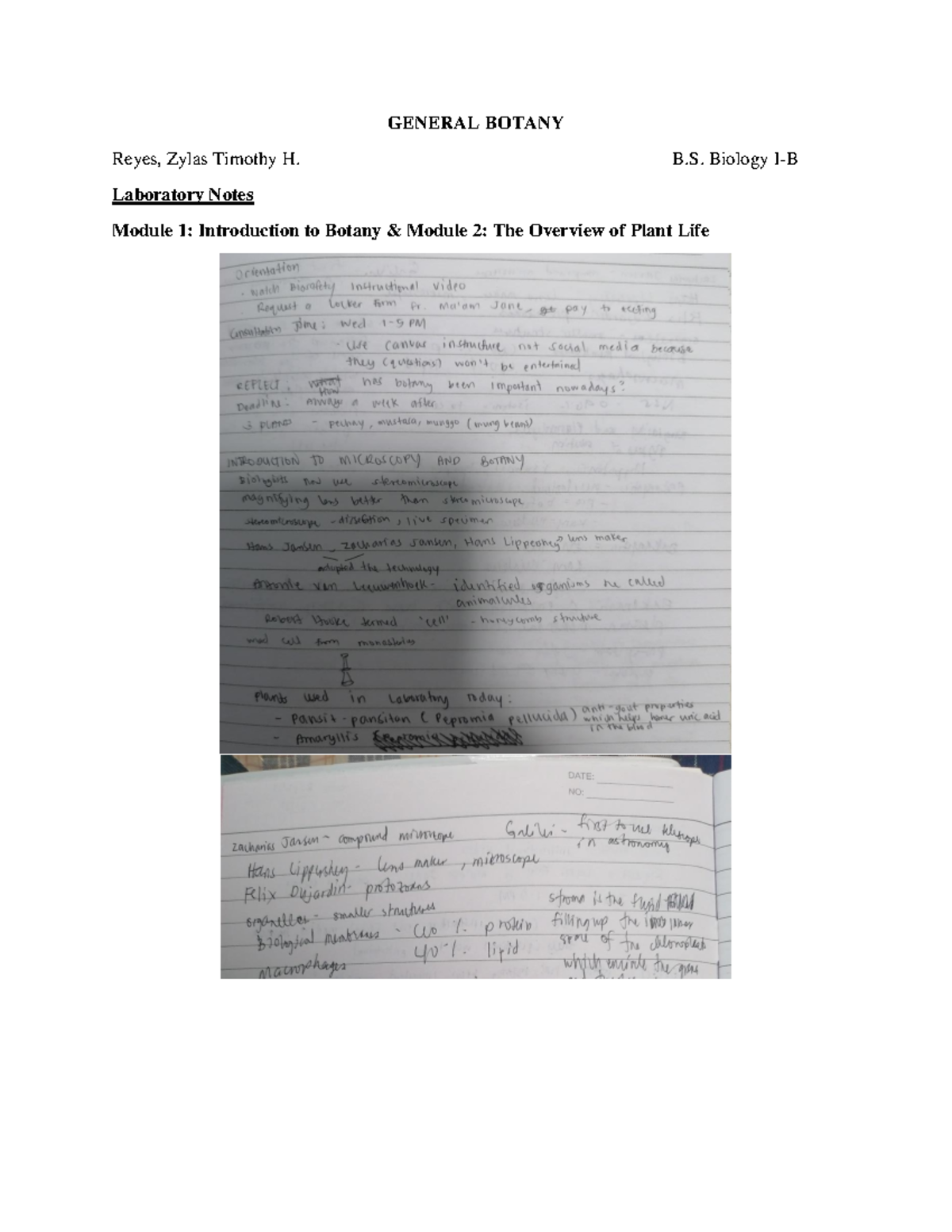 [Reyes Zylas Timothy BSBio 1B] General Botany Lab & Lecture Notes on ...