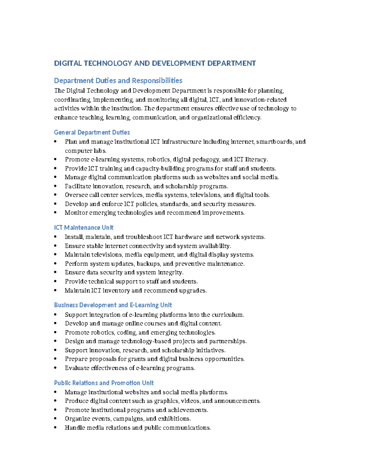 DIGITAL TECHNOLOGY & DEV. DEPT. Duties & Responsibilities - Studocu