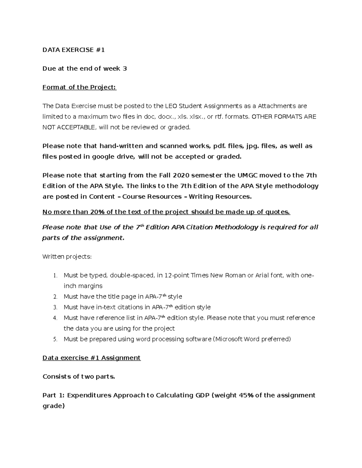 Data Exercise #1 - Part 1: Expenditures Approach to Calculating GDP - DATA EXERCISE Due at the ...