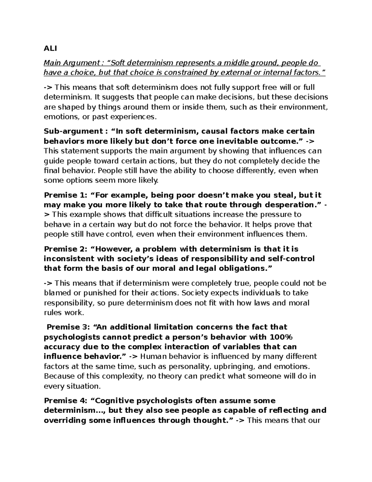 ALI - Soft Determinism vs. Hard Determinism: Analyzing Free Will - Studocu