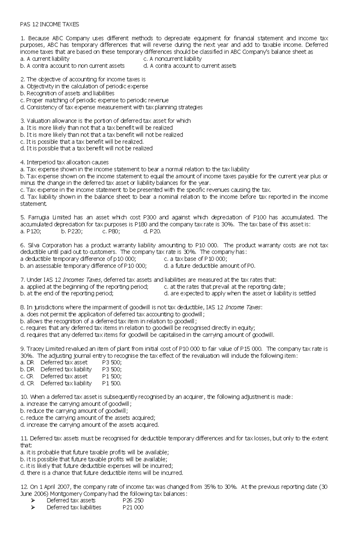 PAS 12 Income Taxes: Key Concepts and Answer Key - Studocu