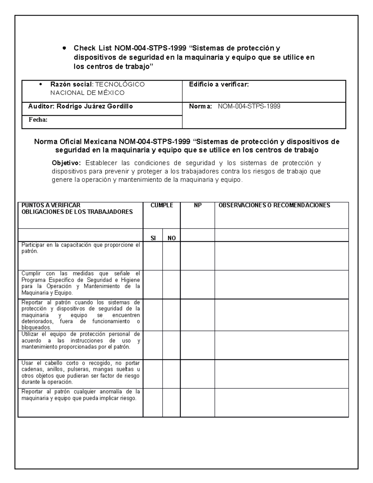 Checklist NOM-004-STPS-1999: Seguridad en Maquinaria y Equipo - Studocu