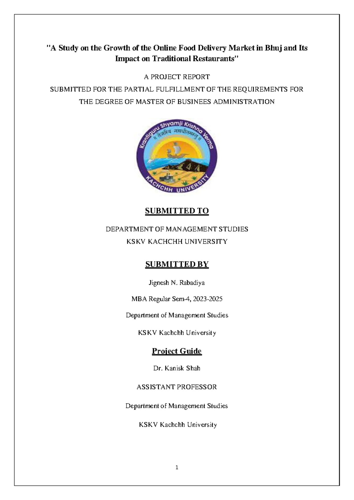 MBA Project Report: Growth of Online Food Delivery in Bhuj - Studocu