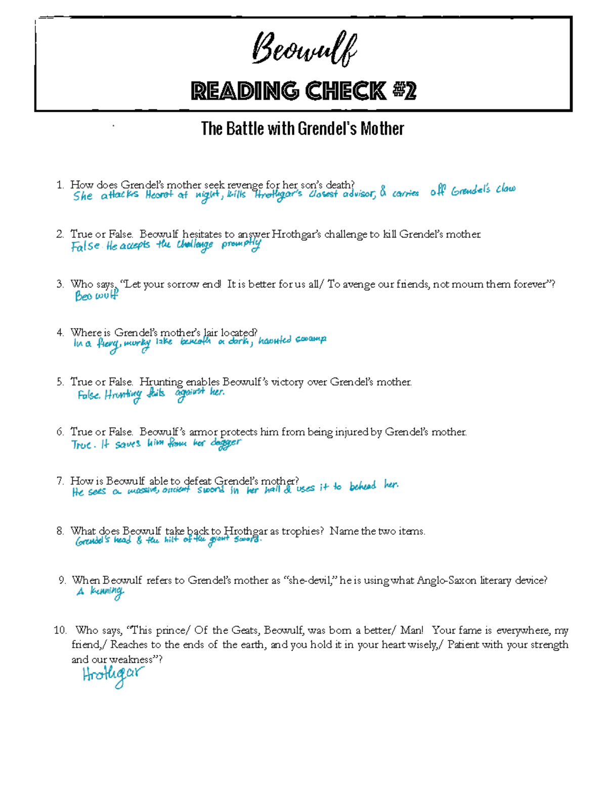 Beowulf Reading Check #2: The Battle with Grendel's Mother - Studocu