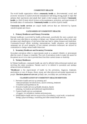 Community Health - Lecture notes - COMMUNITY HEALTH COMMUNITY HEALTH ...