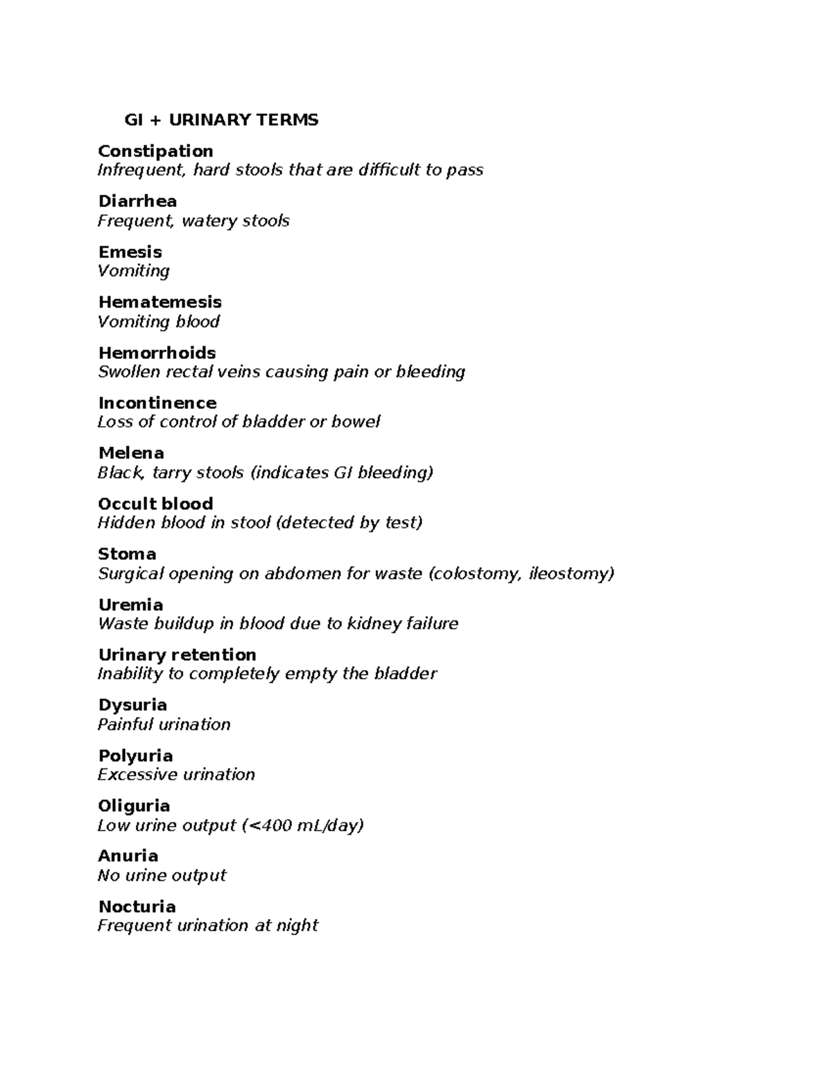 GI URINARY TERMS: Key Definitions and Concepts - Studocu