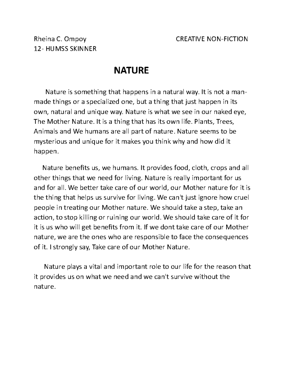 English 10 - Creative non-fiction essay about Nature - Rheina C. Ompoy ...