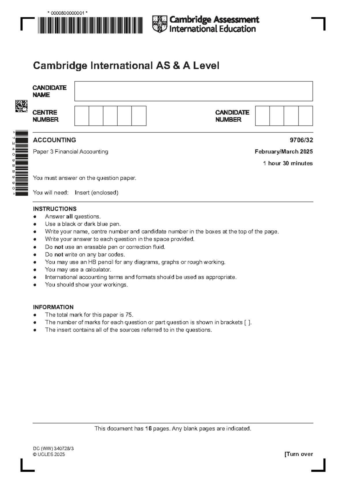Cambridge International AS A Level 9706/32 Accounting Paper 3 Financial ...