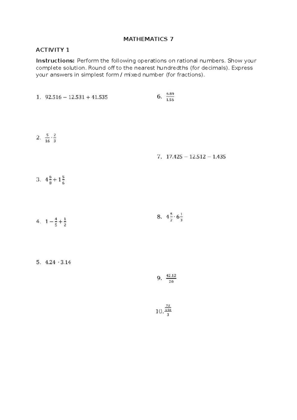 MATH 7 Worksheet - Mathematics - MATHEMATICS 7 ACTIVITY 1 Instructions ...
