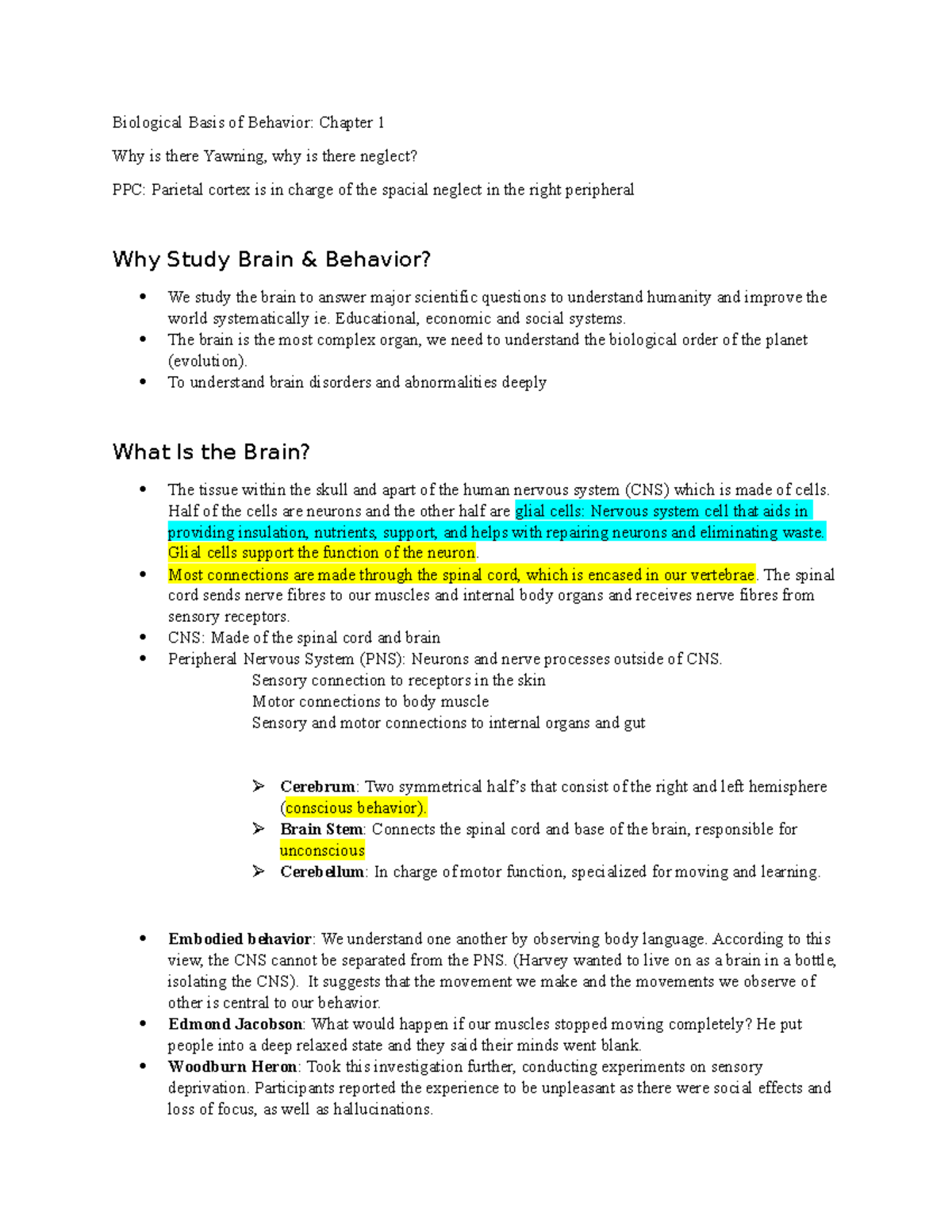 Biological Basis of Behavior: Chapter 1 Notes on Brain Function - Studocu