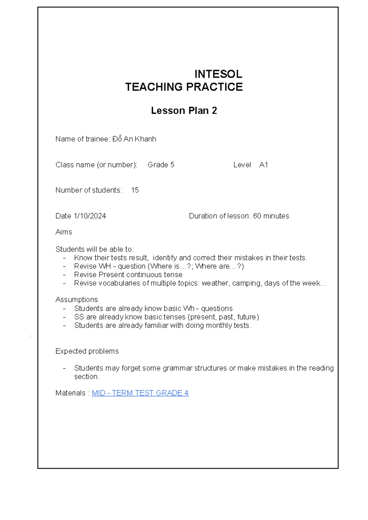 EDC 1: Lesson Plan 2 by Đỗ An Khanh for Grade 5 Level A - Studocu