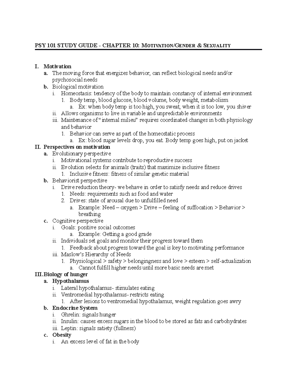 PSY 101 Study Guide Chapter 10 - Motivation - Gender & Sexuality - PSY ...