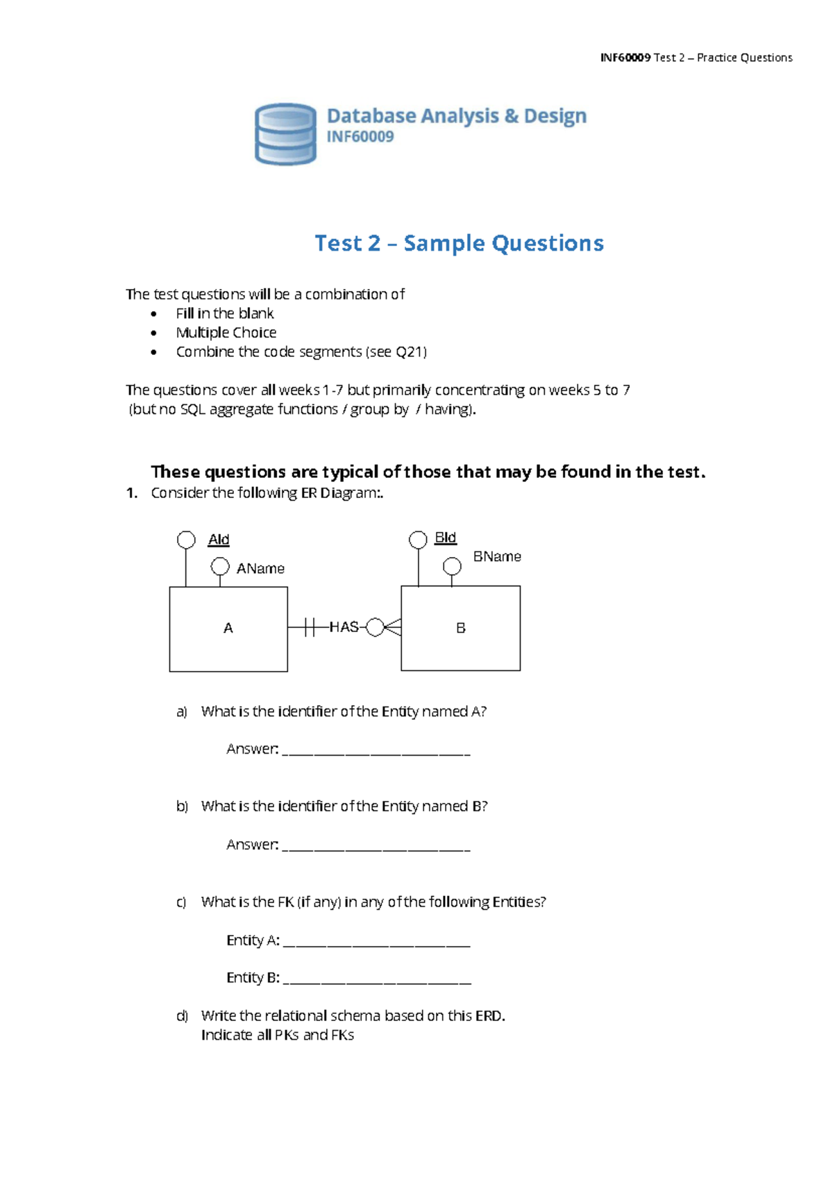 INF60009 Sample Test-2 - Test 2 – Sample Questions The test questions ...