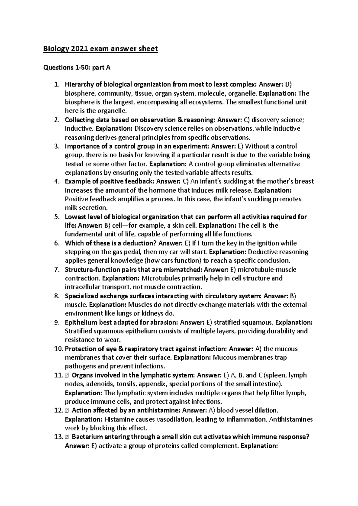 Biology 2021 Final Exam Answer Sheet: Key Concepts and Responses - Studocu