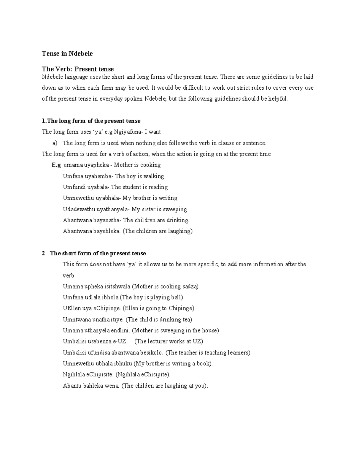 Ndebele Language: Present Tense Guidelines and Usage - Studocu