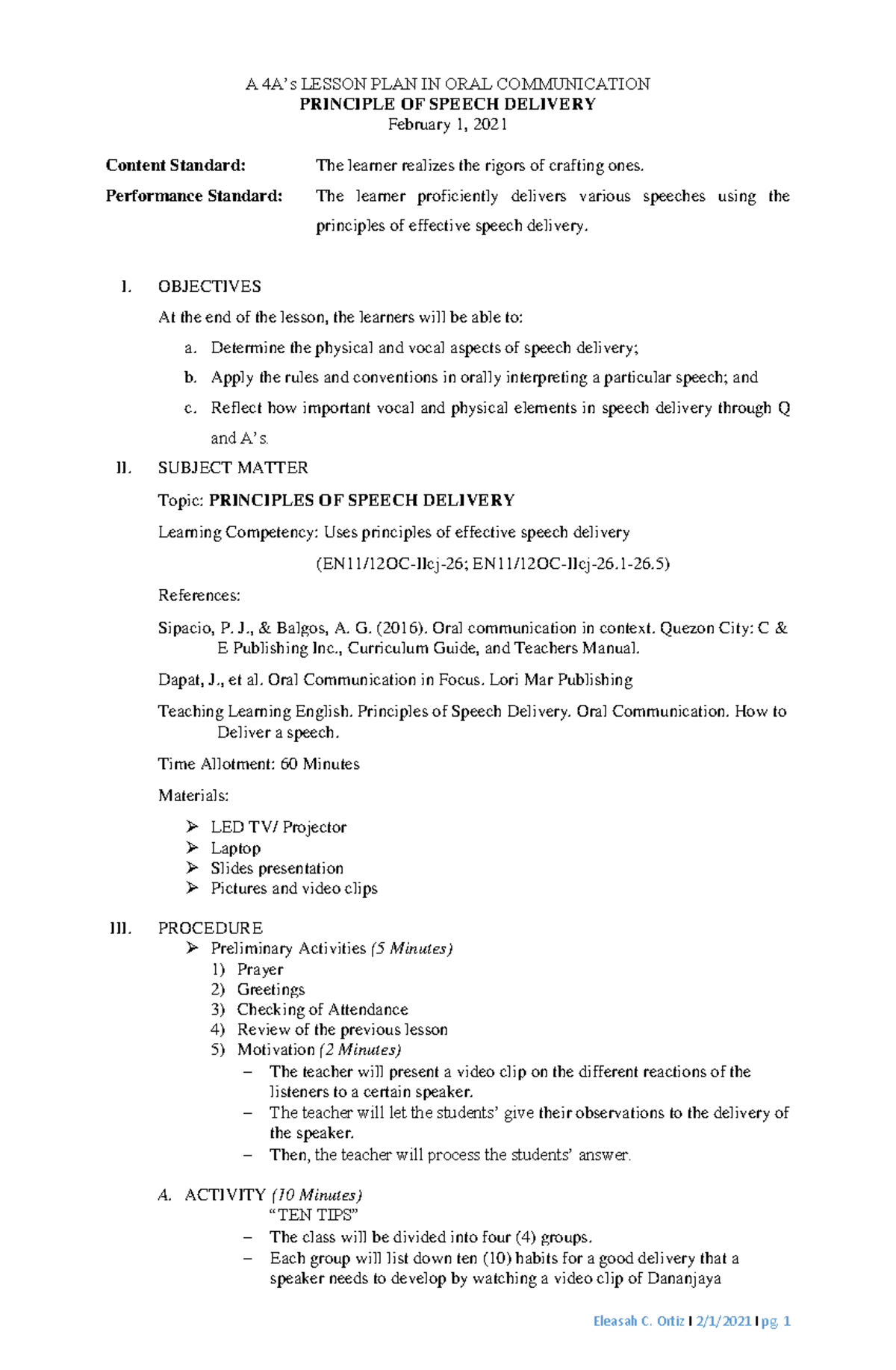 SHS.LP: Effective Speech Delivery Lesson Plan - Oral Communication ...