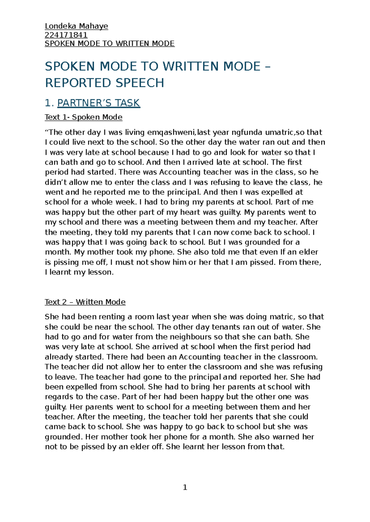 SPOKEN TO WRITTEN MODE: REPORTED SPEECH TASK - 224171841 - Studocu
