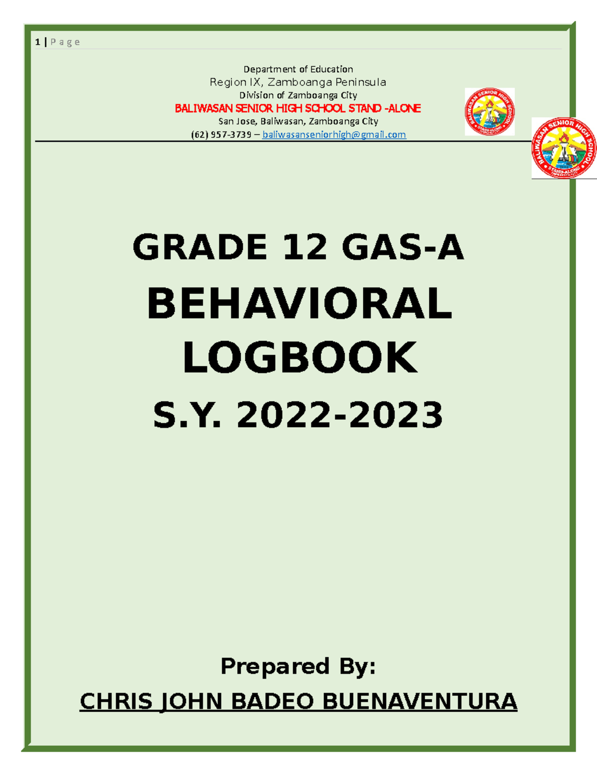 Grade 12 GAS-A Behavioral Logbook for Classroom Management - Studocu