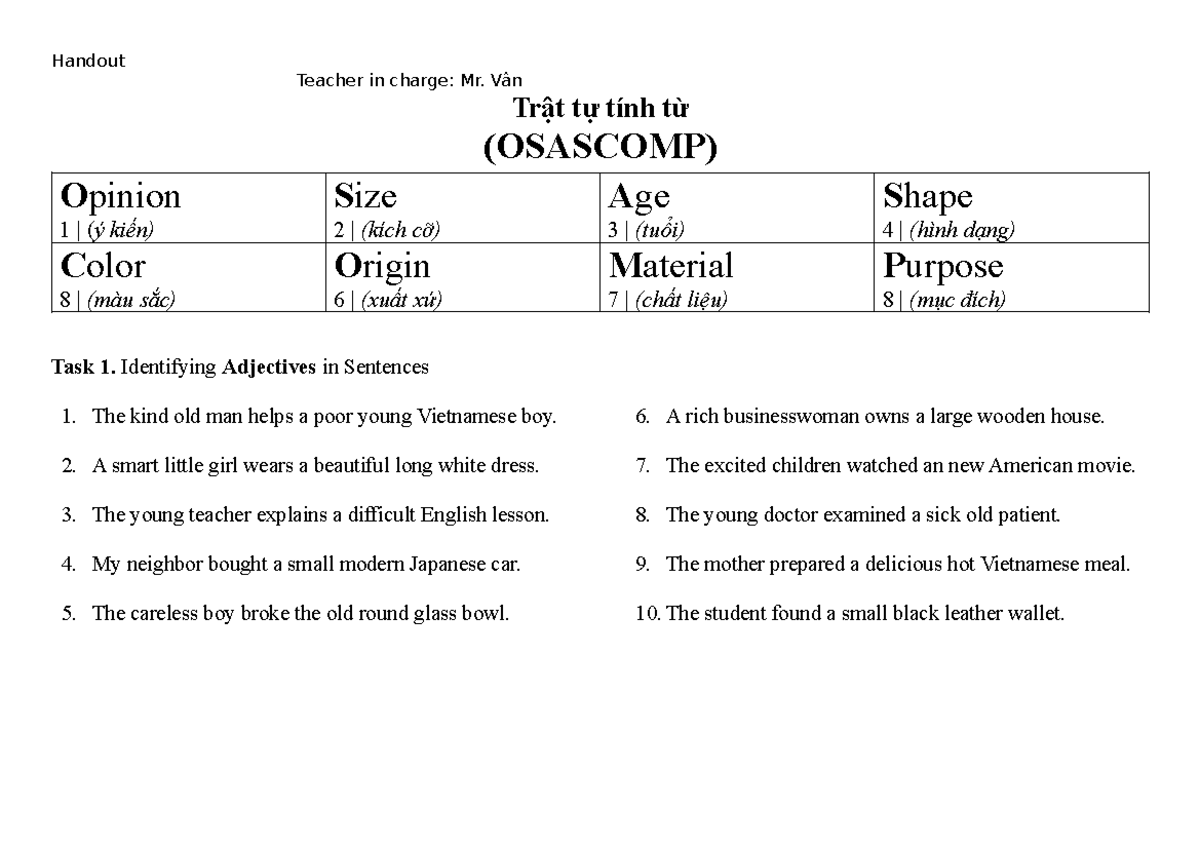 Adjective Order and Possessive Pronouns Handout (OSASCOMP) - Studocu