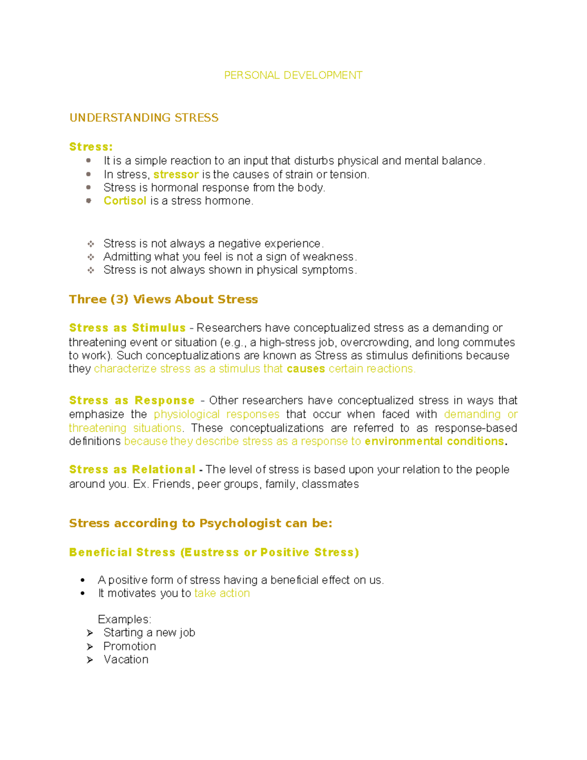 PER. DEV Lecture Notes on Understanding Stress and Its Impact - Studocu