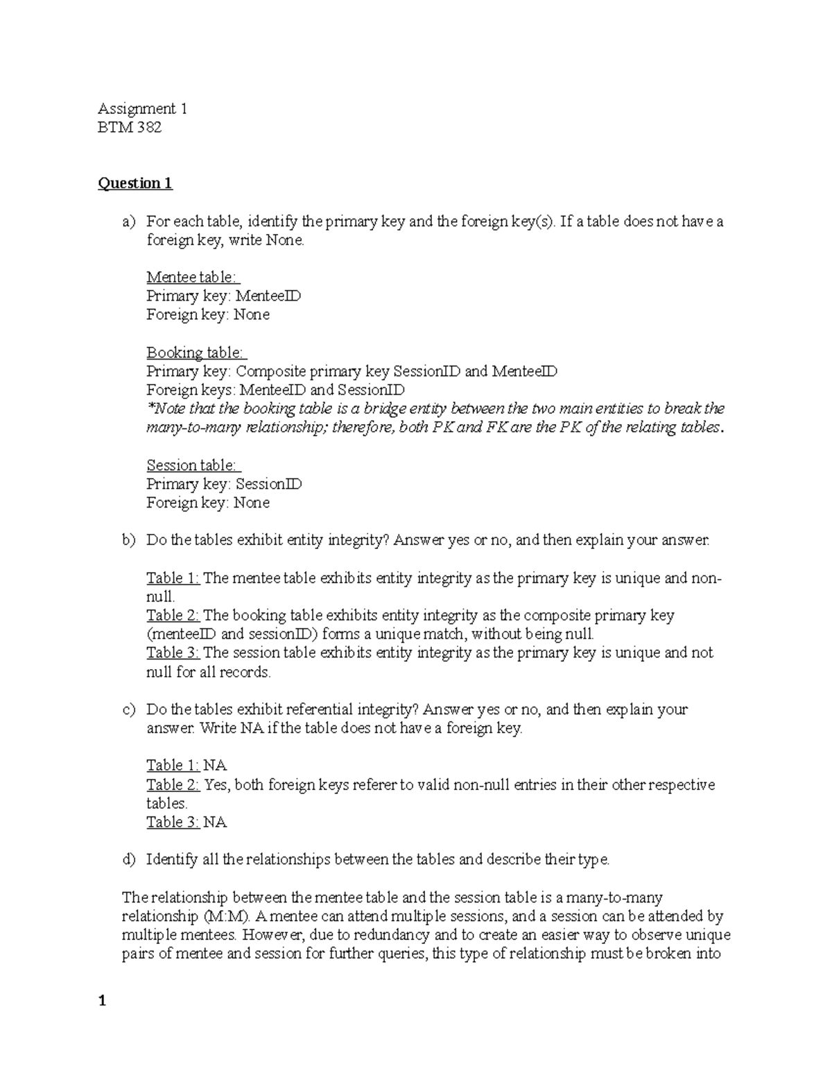 BTM 382 Assignment 1: Keys, Integrity, and Relationships Analysis - Studocu
