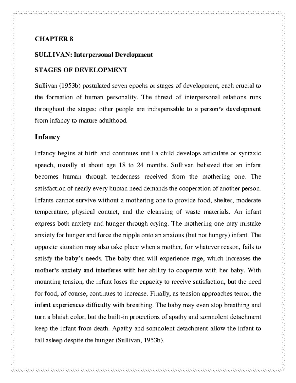PSYCH1 01 Chapter 8: Sullivan's Stages of Interpersonal Development ...