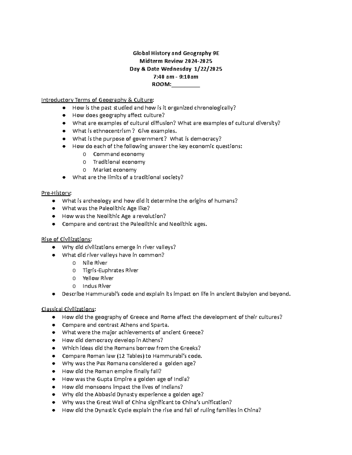 Global History & Geography 9E - Midterm Review Sheet 2024 - Studocu