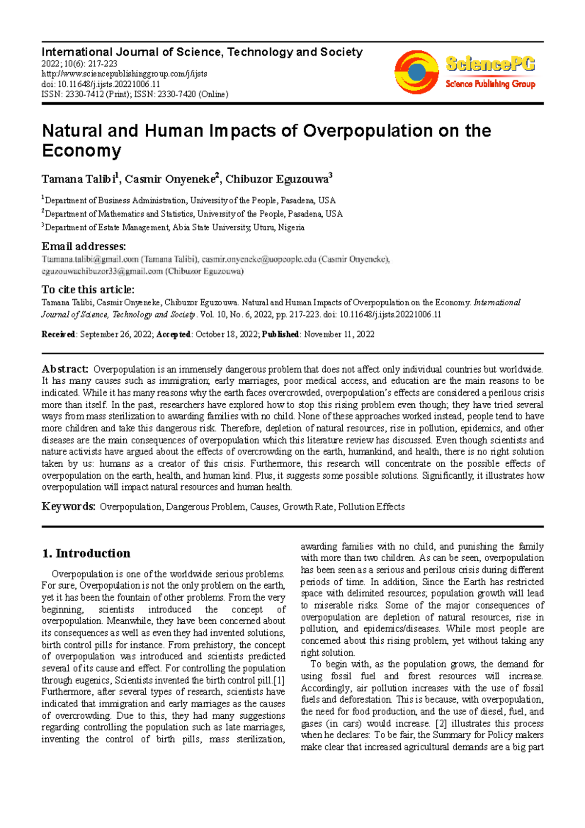 Natural and Human Impacts of Overpopulation on the Economy: A Review ...