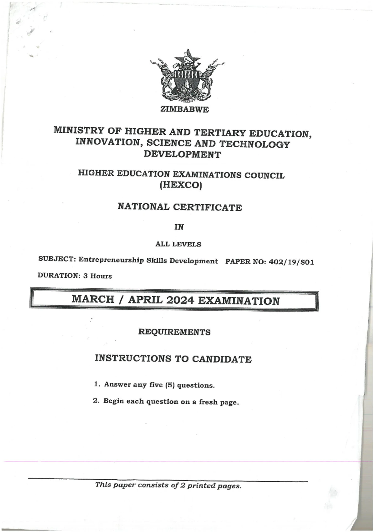 Entrepreneurship Skills Development Exam Papers - Past Questions ...