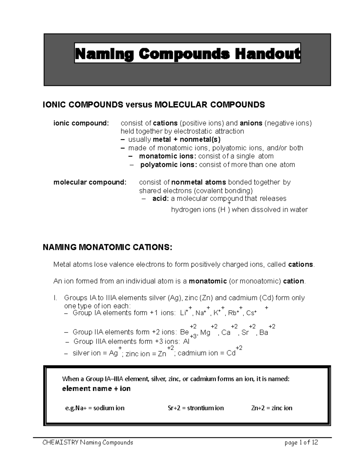Naming Compounds Lab - CHEMISTRY Naming Compounds Handout page 1 of 12 ...