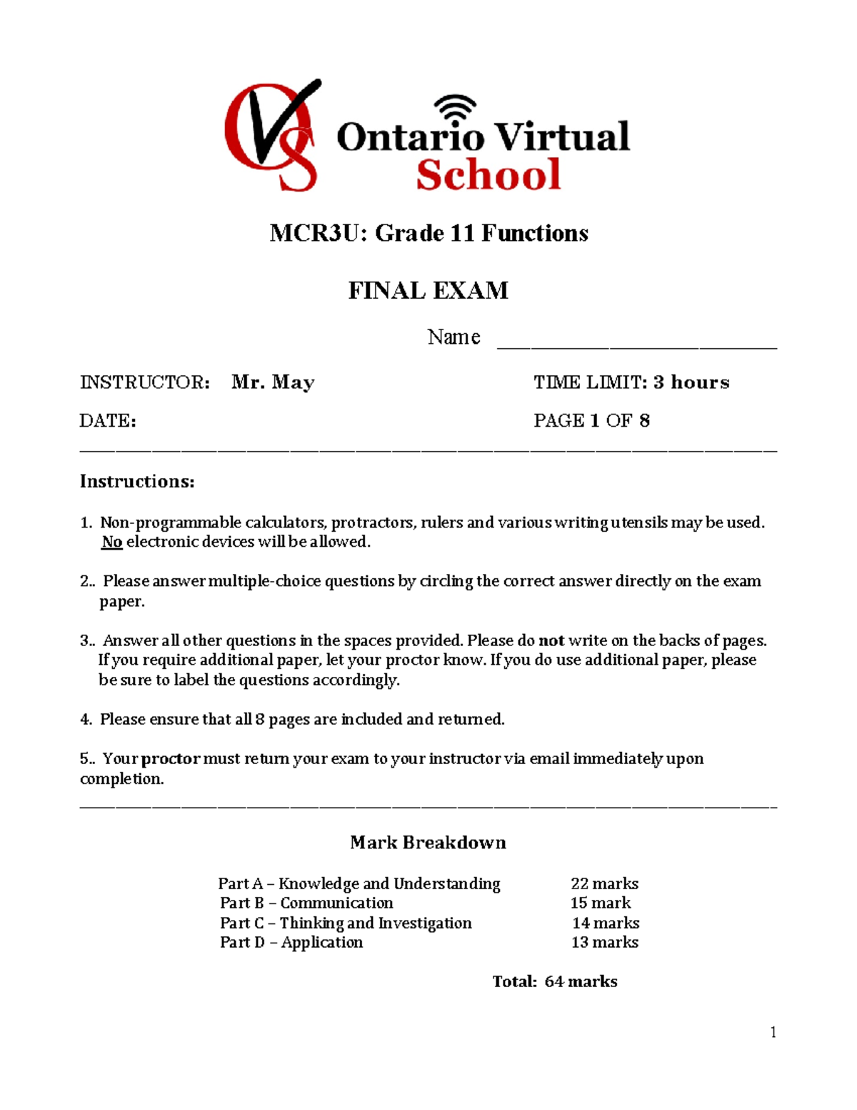 Mcr3u Exam Math Test Practice Material Mcr3u Grade 11 Functions