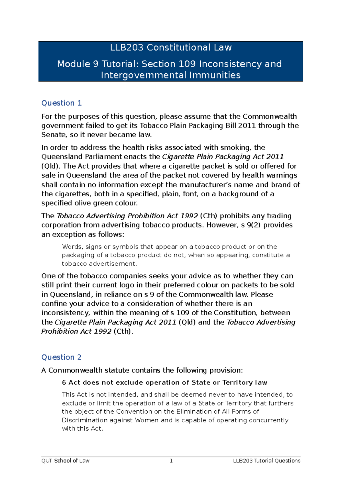 LLB203 Constitutional Law Module 9 Tutorial: Section 109 ...