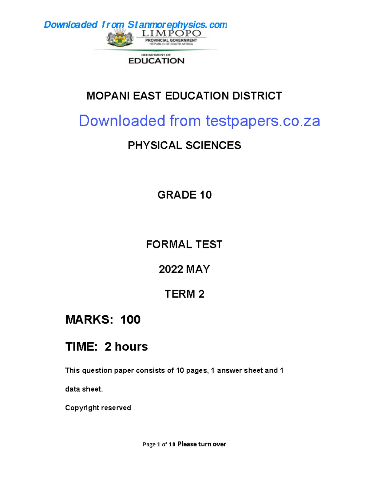 Gr10 PS P2 (ENG) June 2022 Physical Sciences Exam Paper - Studocu