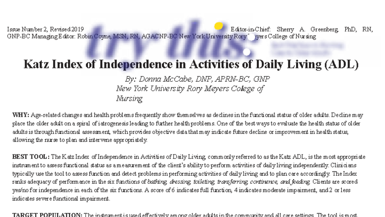 Katz Index of Independence in ADLs: Assessment for Older Adults - Studocu