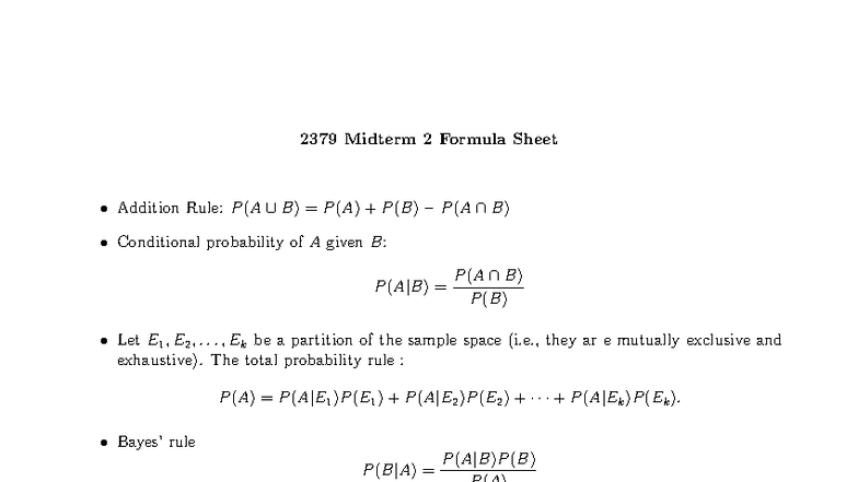 MAT2379 Midterm 2 Formula Sheet: Probability Rules & Concepts - Studocu