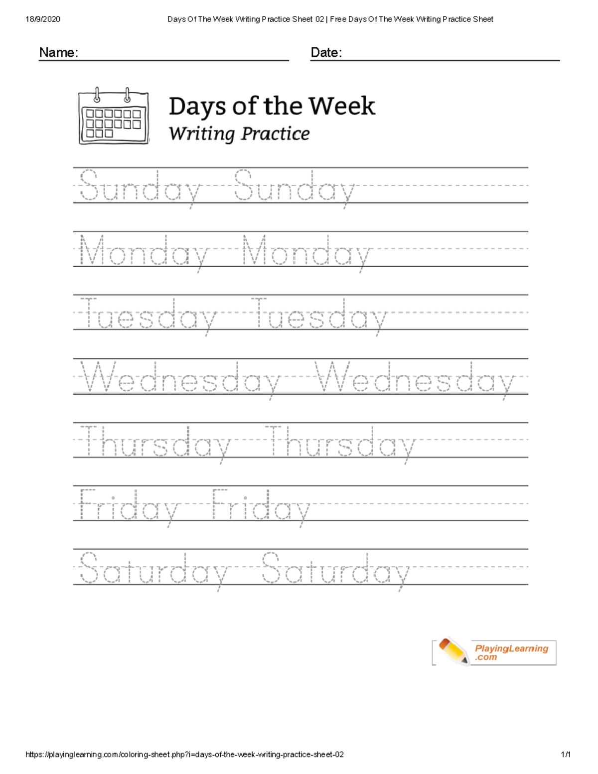 Days Of The Week Writing Practice Sheet 02 Free Days Of The Week ...