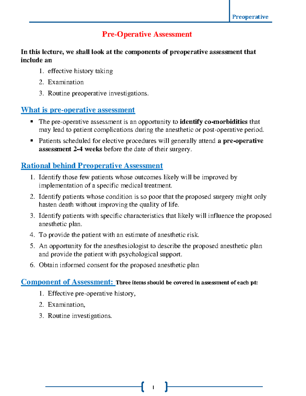 Pre Operative assessment - Internal medicine Preoperative assessment 1 ...